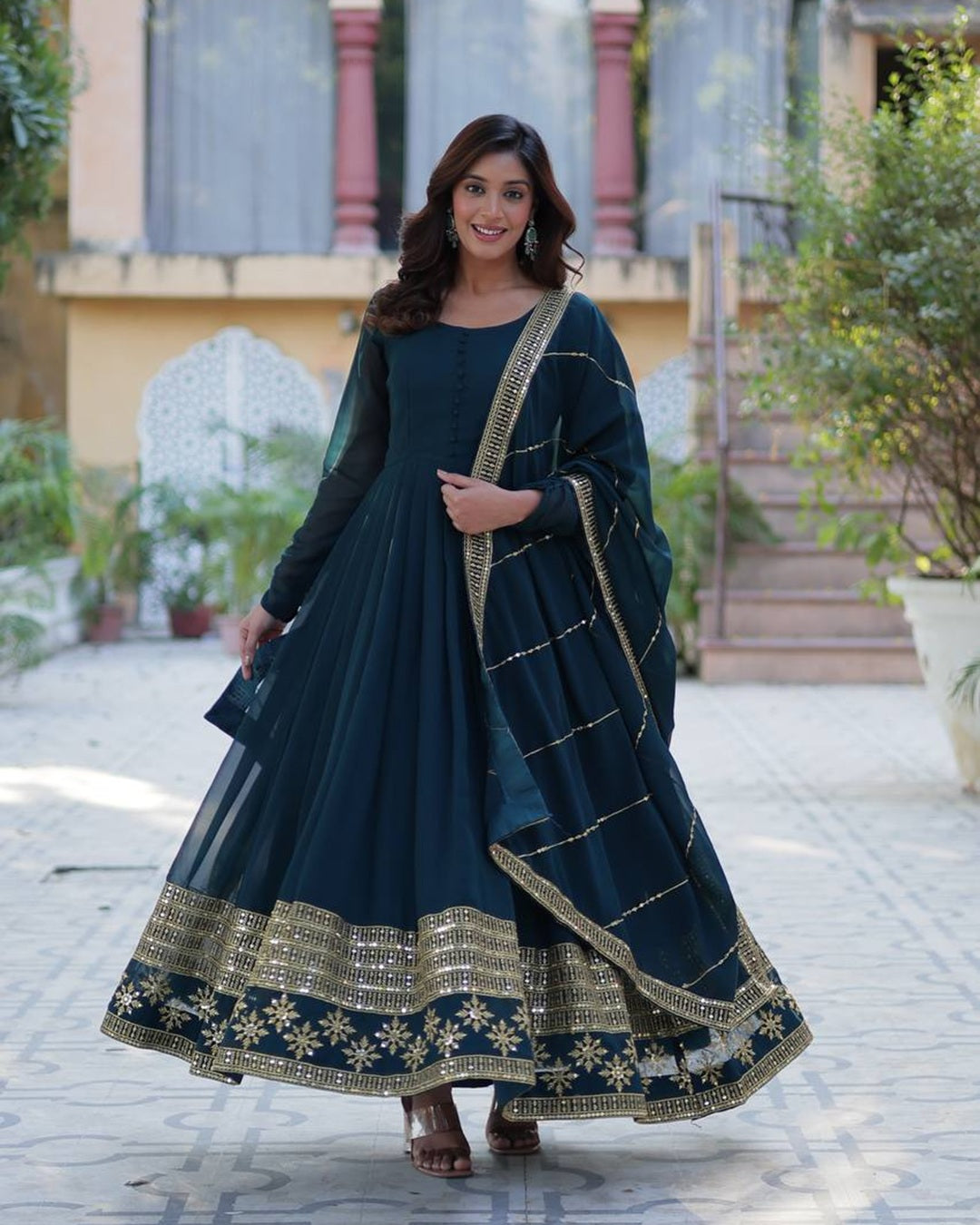 Exclusive Rama Color Attractive Sequence Embroidery Work Gown – Koraah
